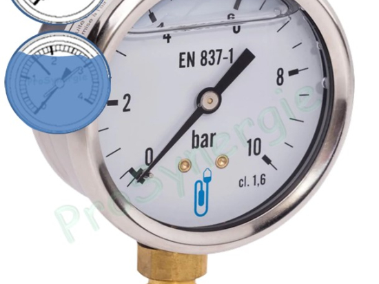 Manomètre à raccordement radial Inox à bain de glycérine Cadran Ø 50 ou 63mm - Raccord M Ø 1/4 ...